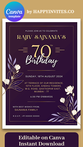 70th Birthday Invitation Card Template Editable & Instant Download