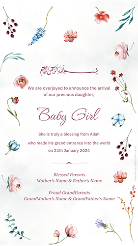 Islamic Baby Girl Birth Announcement Card - Happy Invites