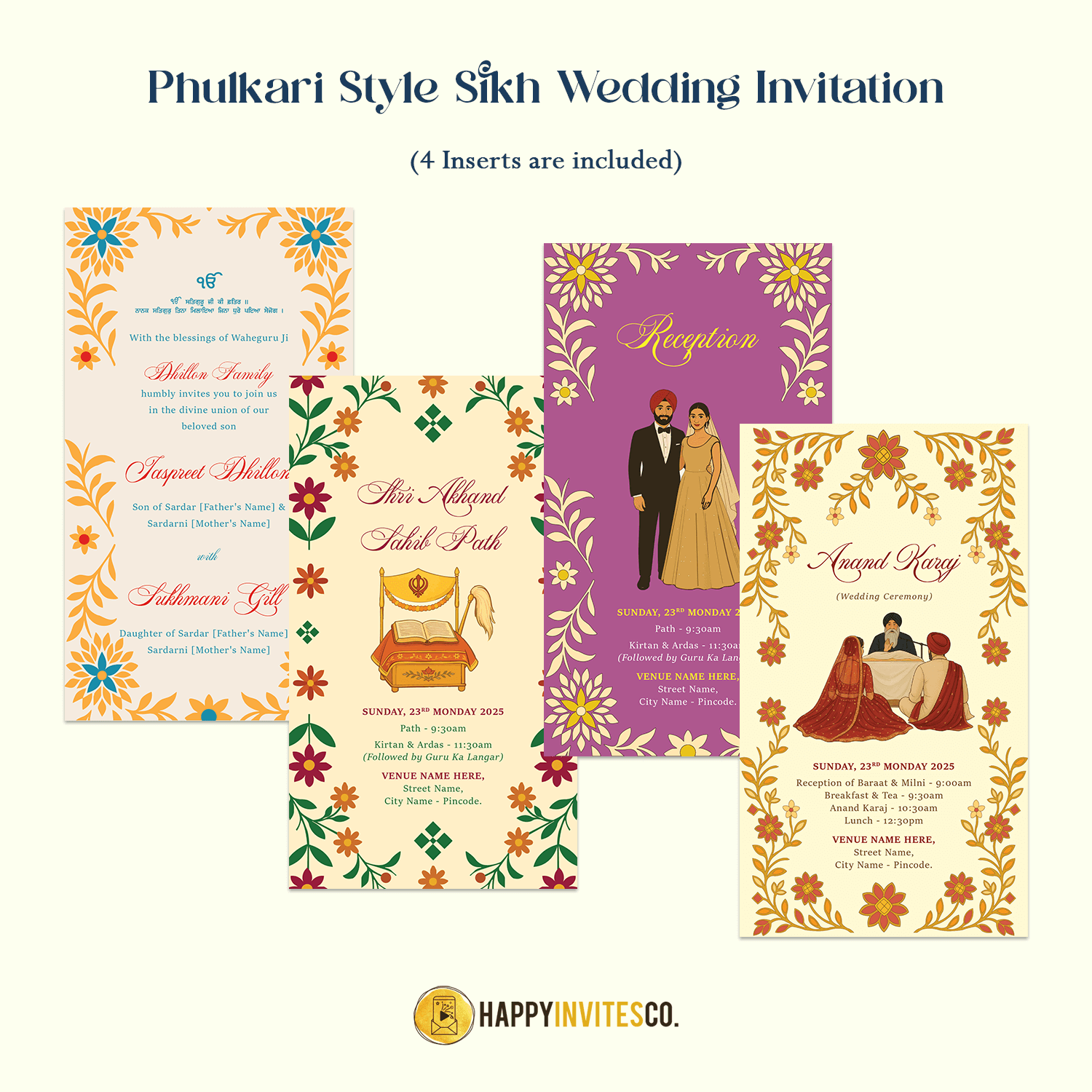 Phulkari Style Sikh Wedding Invitation Card - Happy Invites